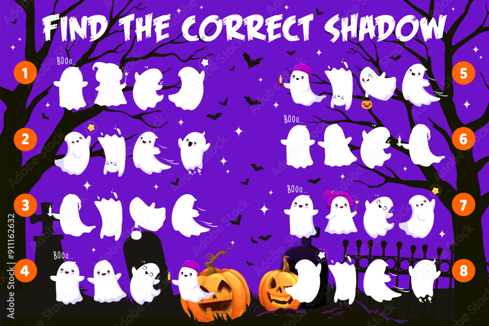 Find the correct shadow of kawaii ghost characters, Halloween game ...