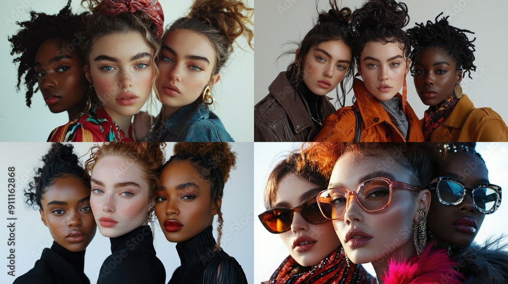 Three beautful fashion models of different races with natural makeup on ...