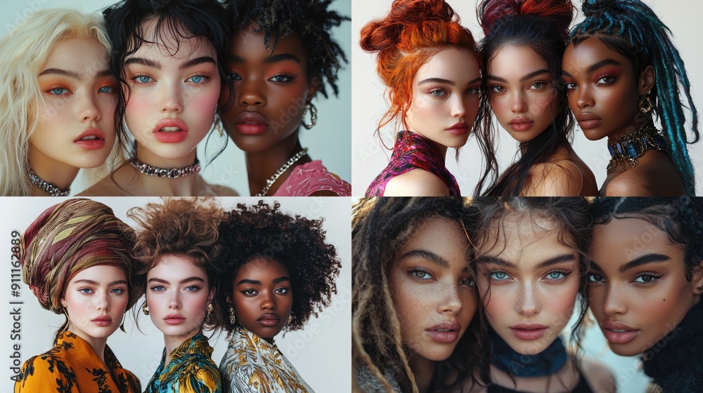 Three beautful fashion models of different races with natural makeup on ...