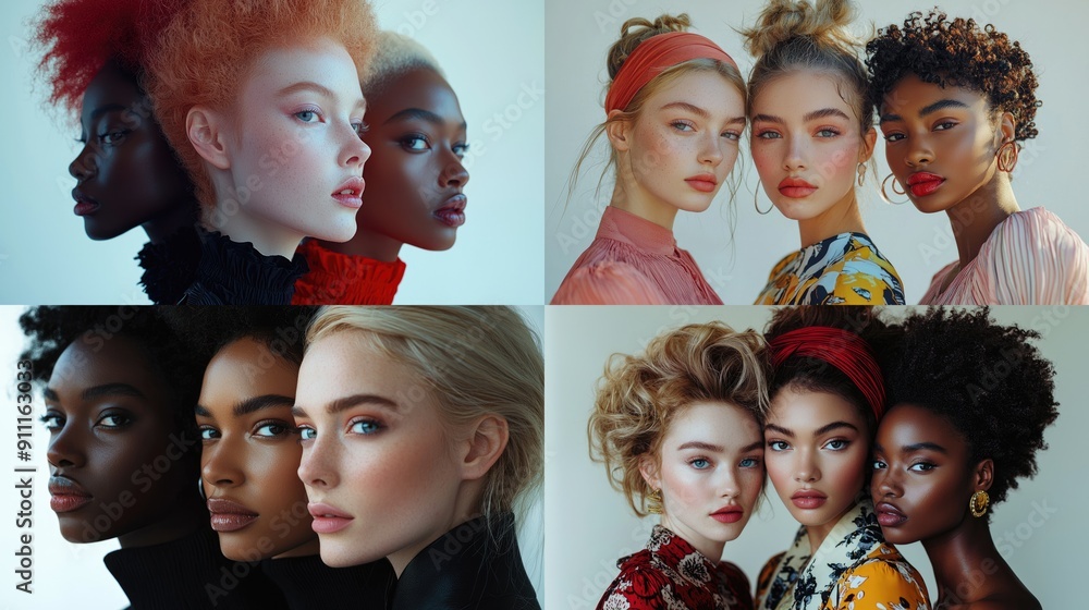 Three beautful fashion models of different races with natural makeup on ...