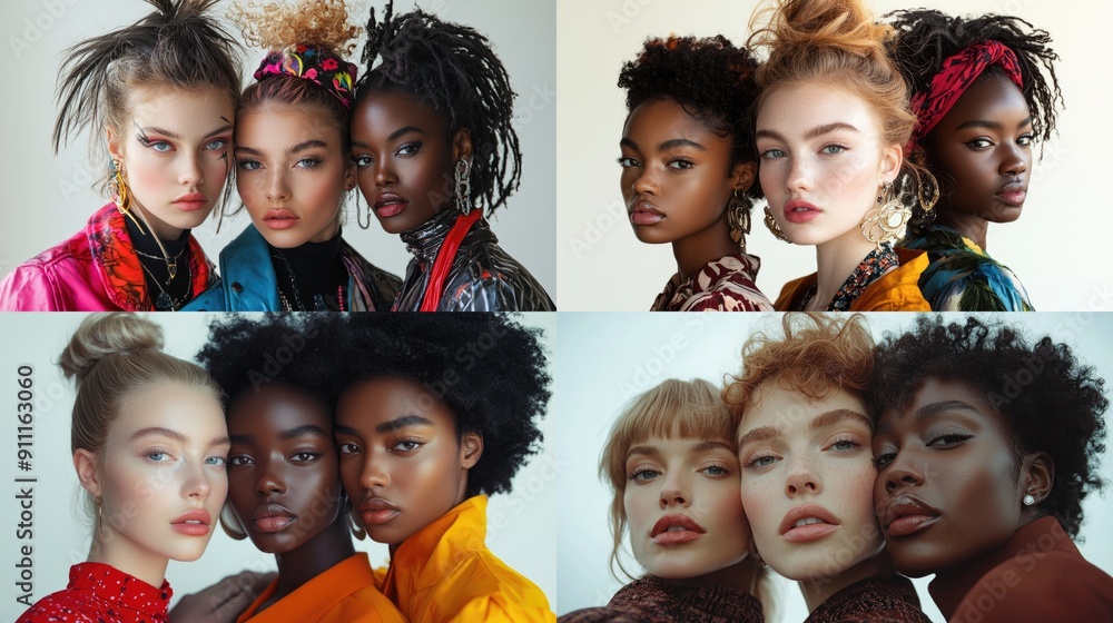 Three beautful fashion models of different races with natural makeup on ...