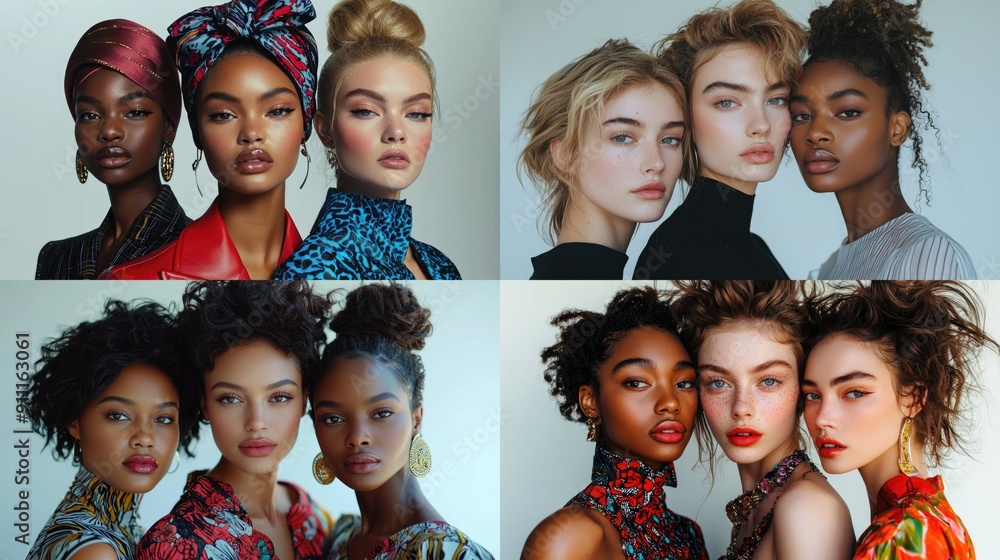 Three beautful fashion models of different races with natural makeup on ...