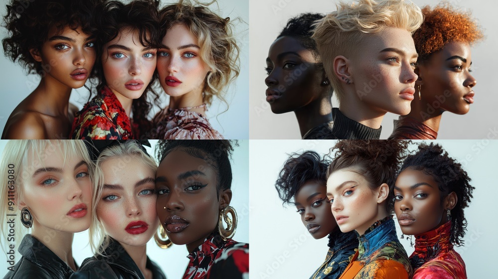 Three beautful fashion models of different races with natural makeup on ...