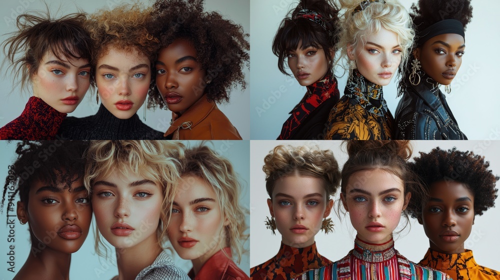 Three beautful fashion models of different races with natural makeup on ...