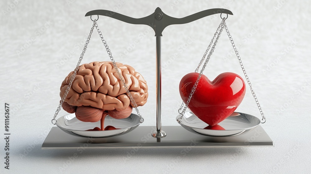 The human brain and heart are on scales isolated on a transparent ...