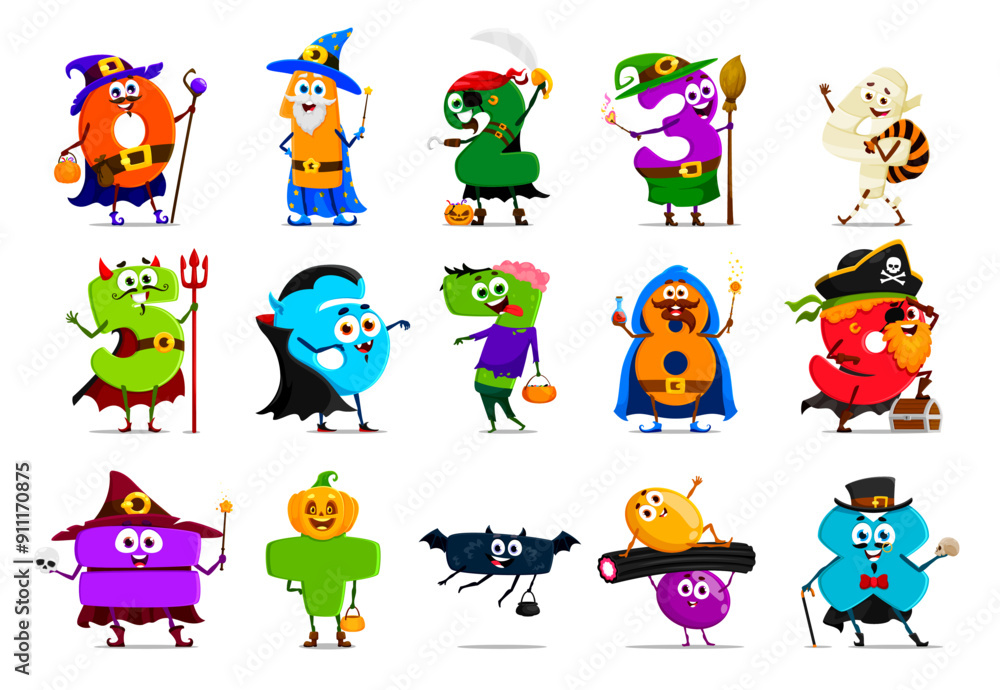 Cartoon Halloween numbers and digits characters in holiday costumes ...