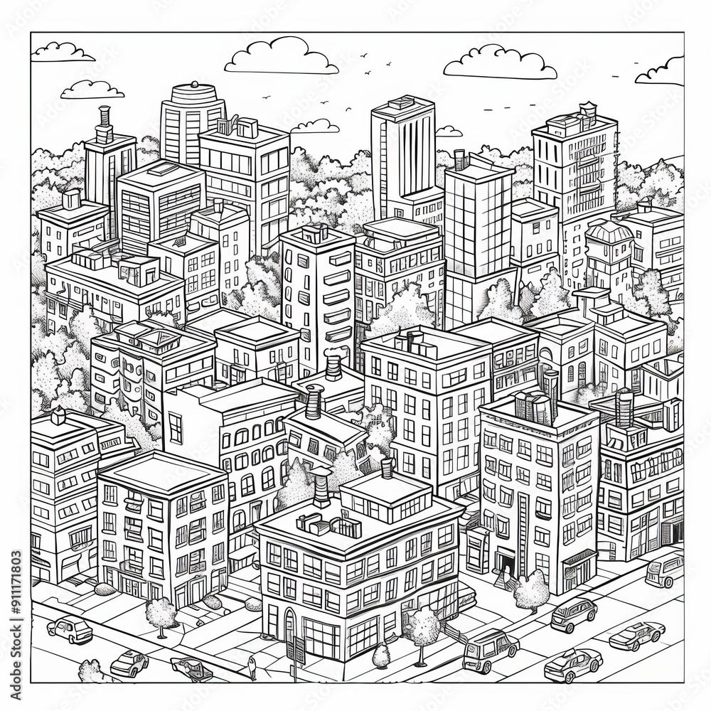 printable cityscape coloring page with buildings and cars , black line ...