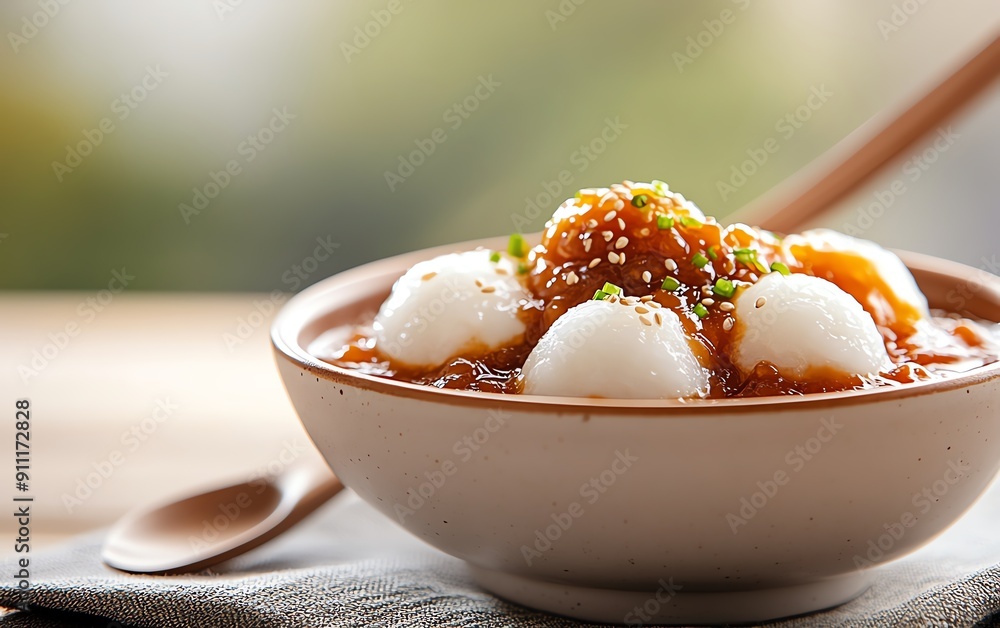 A visually appealing bowl of zenzai, sweet red bean soup with mochi ...
