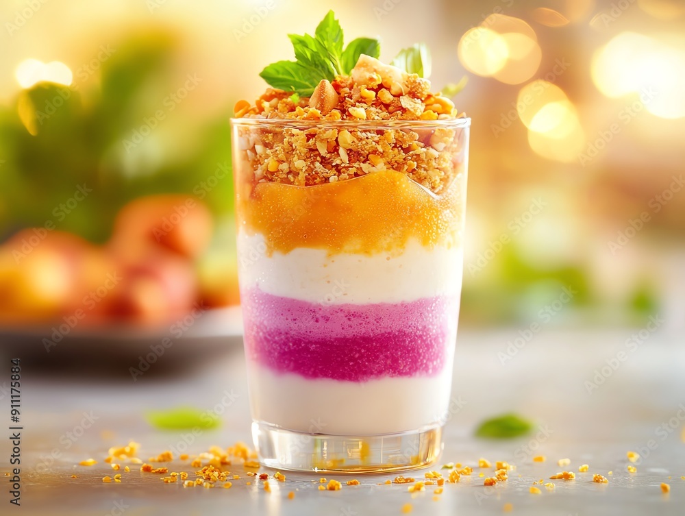 Mouthwatering presentation of a falooda dessert in a tall glass ...