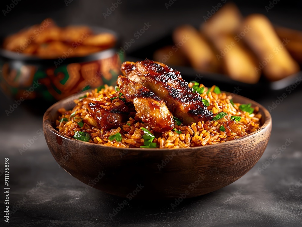 Nigerian jollof rice served in a wooden bowl, garnished with fried ...