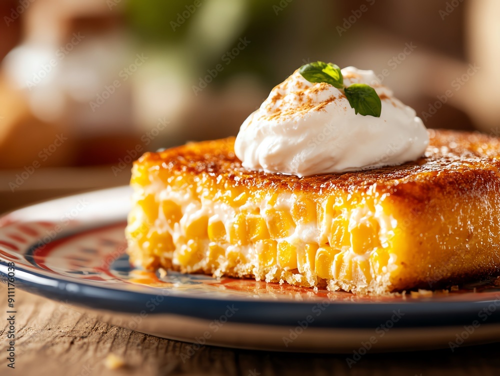 Pastel de elote Mexican corn cake slice on a colorful plate, with a ...