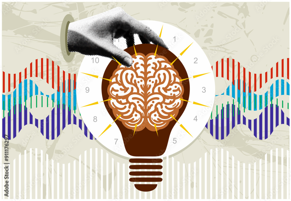 A poster artwork featuring a lit bulb representing a creative spark ...