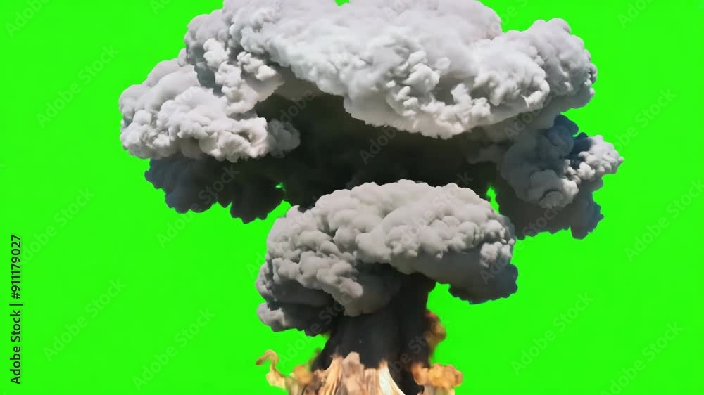 Motion animation of atomic bomb explosion on green screen background. Nuclear fire mushroom ...