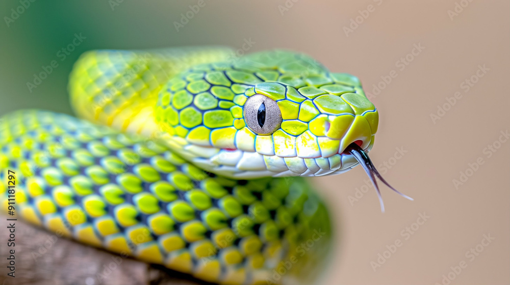 Green Snake in Wildlife Photography: Close-up Portrait of a Vibrant ...