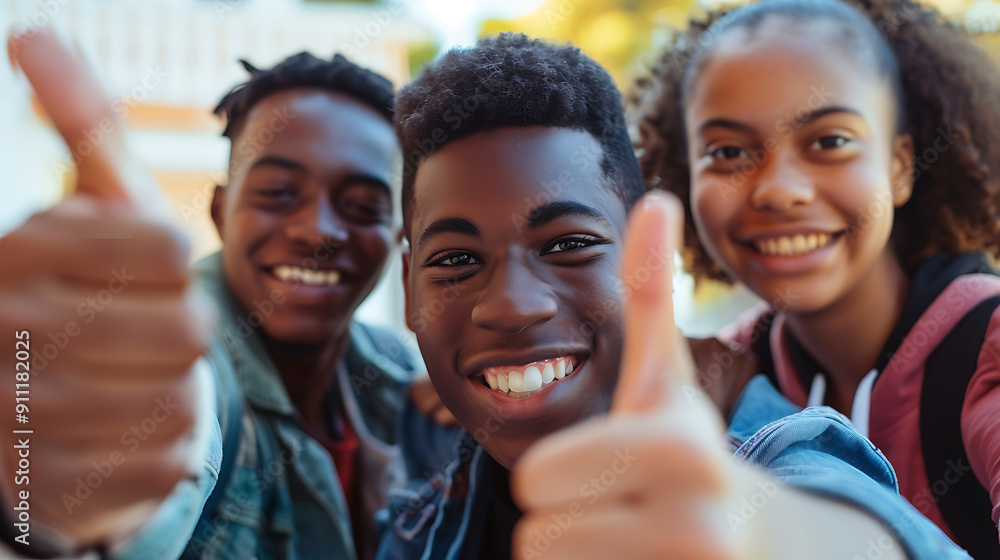 Three diverse teenagers smiling and giving thumbs up, showing unity and ...
