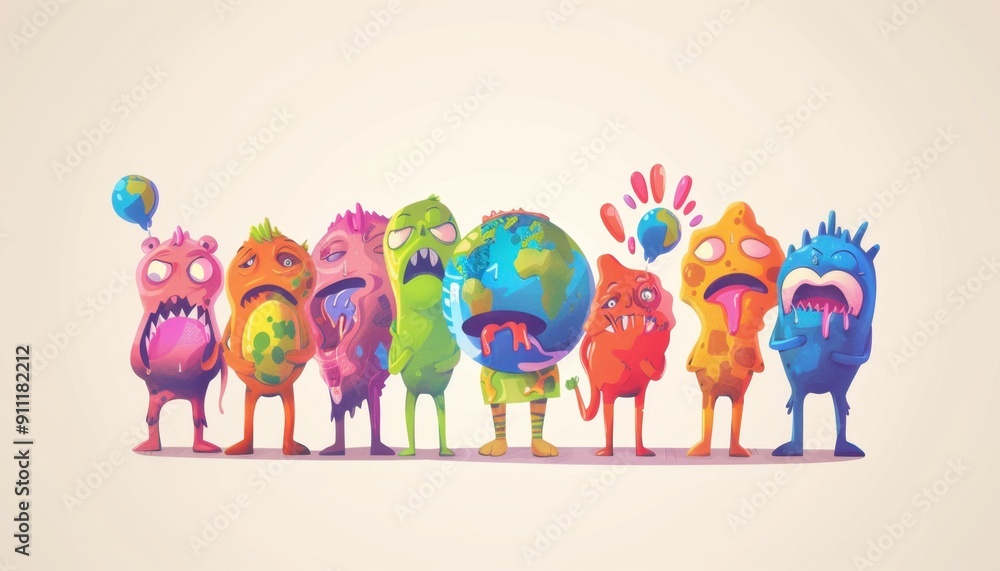 Colorful Cartoon Monsters Holding Earth and Expressing Emotions in a ...