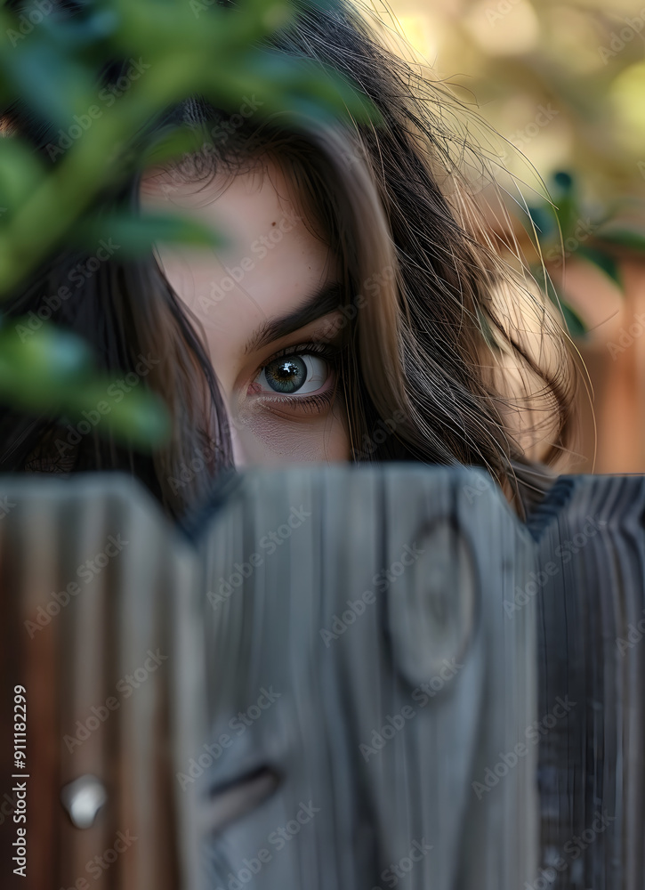 woman nosey neighbor peaking over fence. Side eye to camera. Can only ...