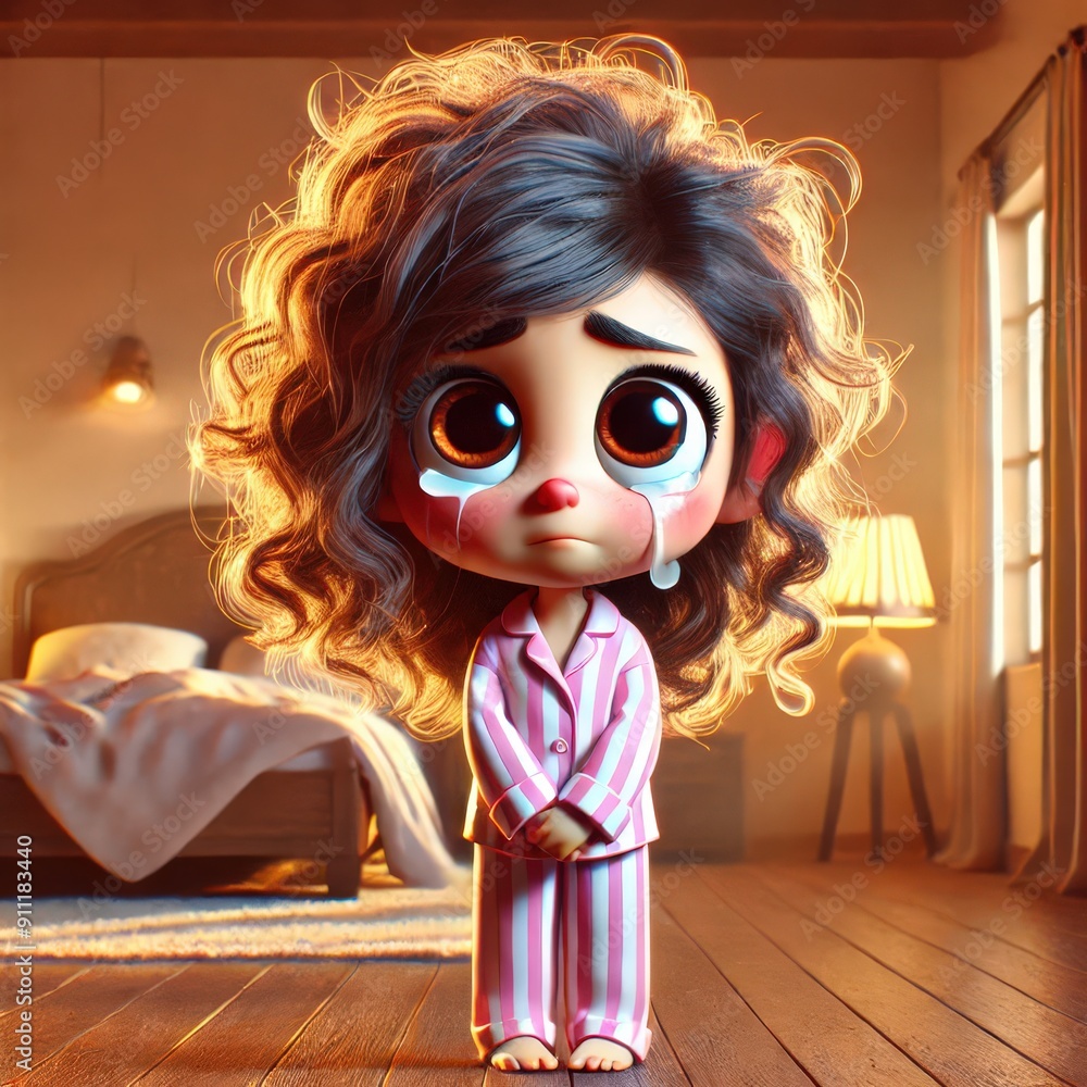 Young girl with curly, unkempt hair tied up, big expressive eyes, and a ...