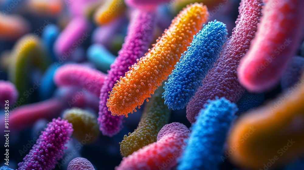 Microscopic illustration of probiotics, diverse bacterial strains in ...