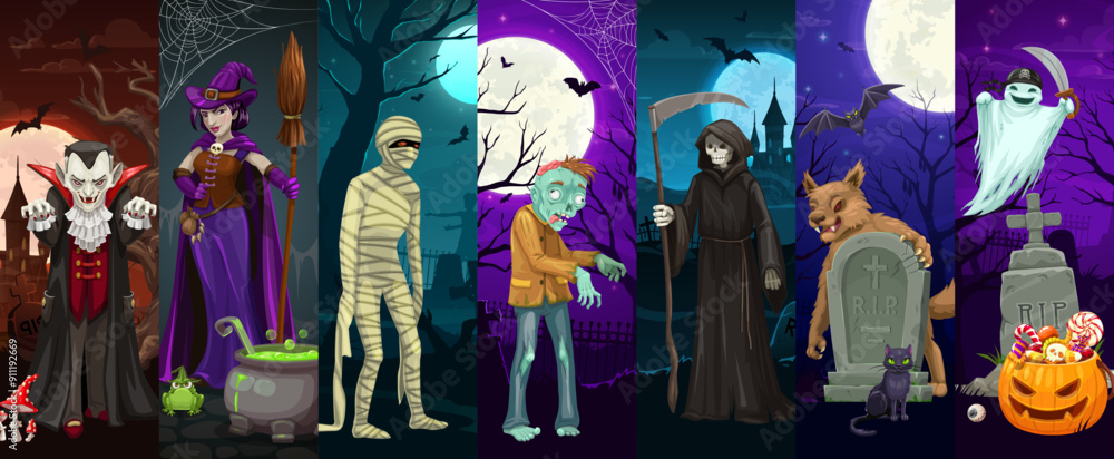 Cartoon Halloween scary danger characters. Vector collage with spooky ...