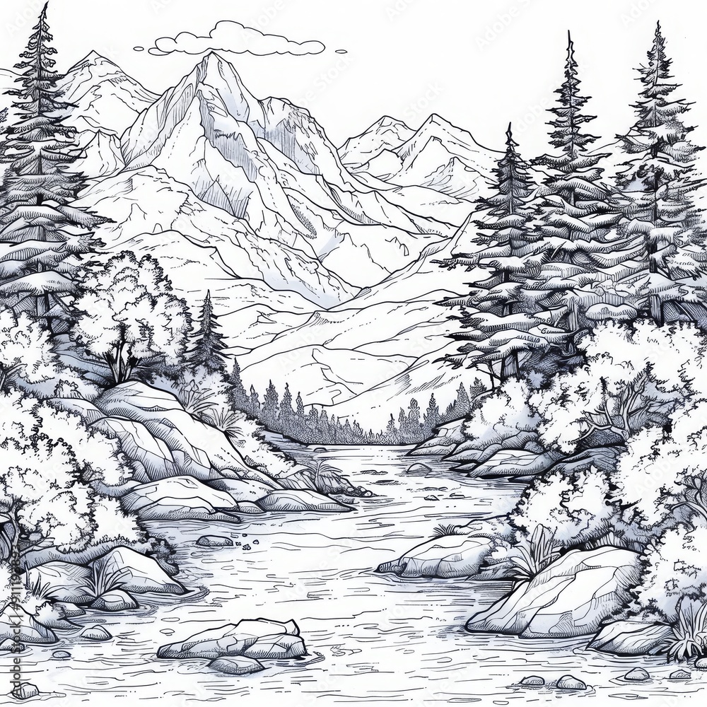 coloring page landscape , black line landscape coloring page , detailed ...