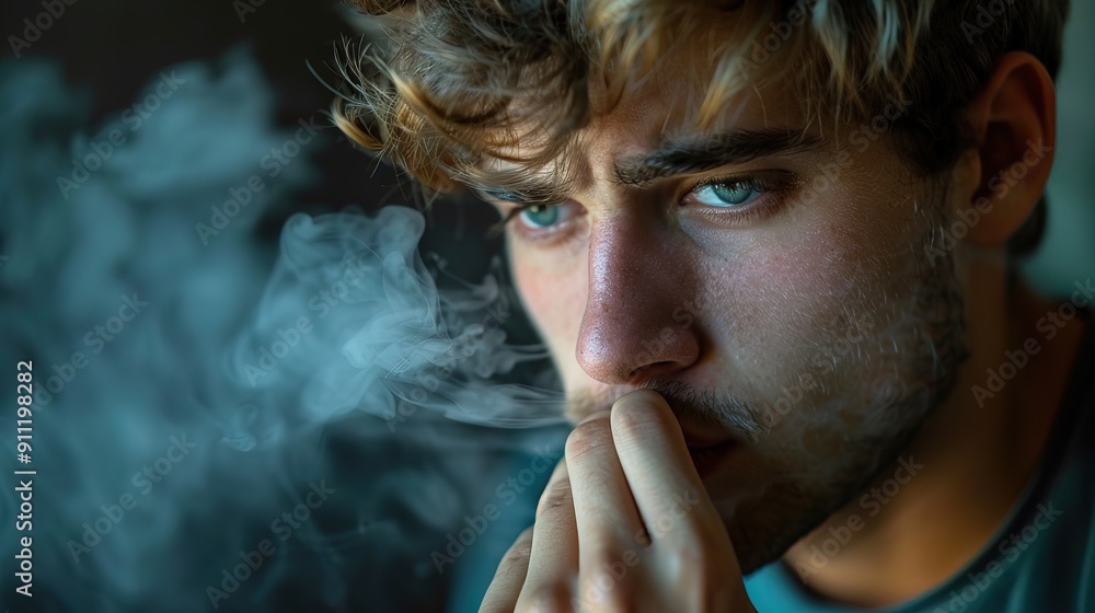 White man holding his nose with a hand, disgusted and unhappy face ...