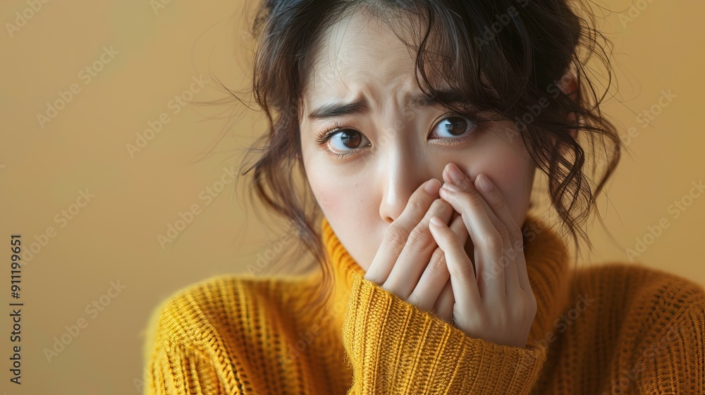 Korean woman holding his nose with a hand, disgusted and unhappy face ...