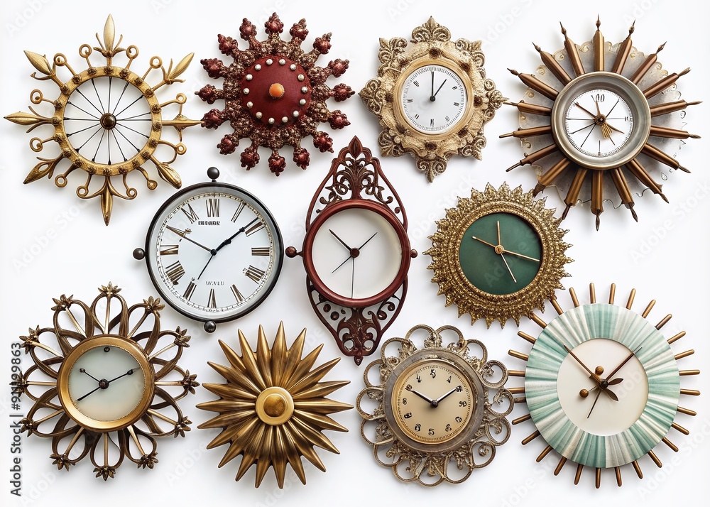 Assorted stylized wall clocks in various shapes, sizes, and colors ...