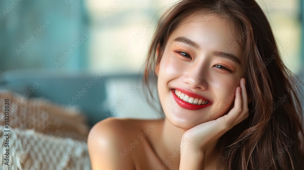Beautiful smiled korean woman kiss expression, hand kiss away pose ...