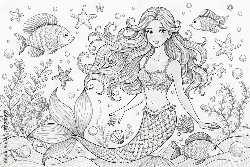 Coloring page with fantasy style mermaid and two seashells. It has a ...