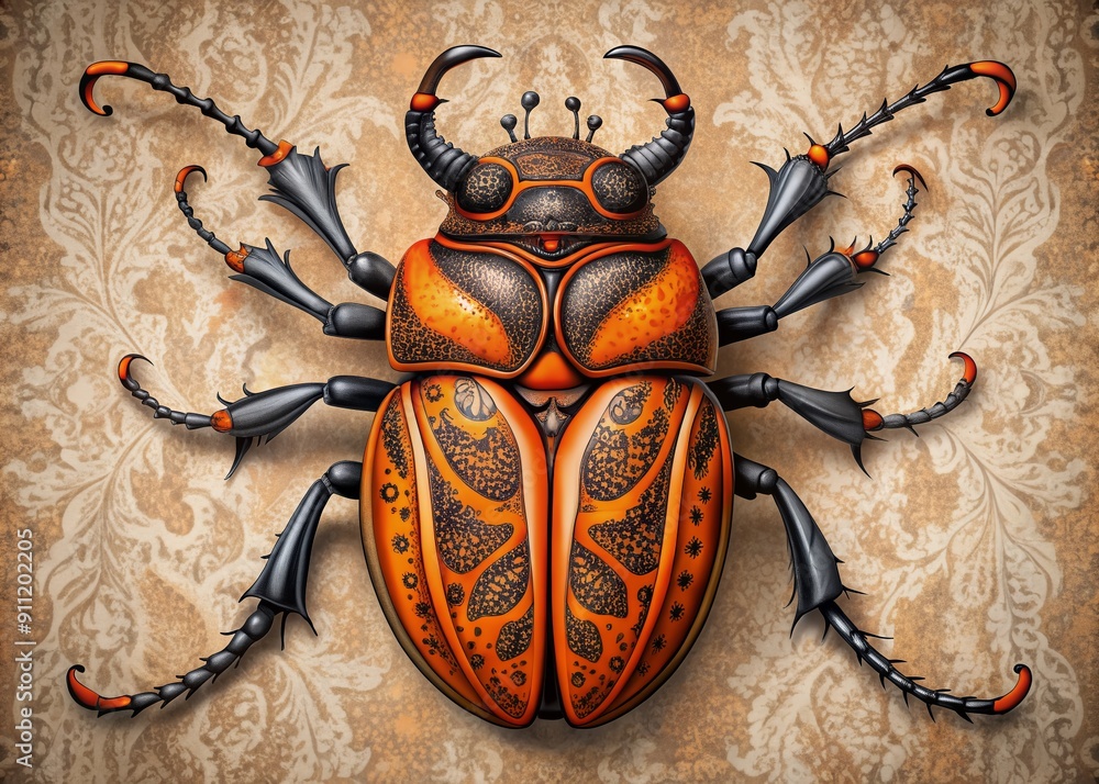 Vibrant orange and black stag beetle illustration featuring intricate ...