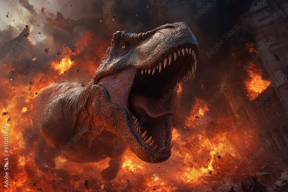 A terrifying T-Rex emerges roaring from a blazing inferno, with debris and flames surrounding it ...