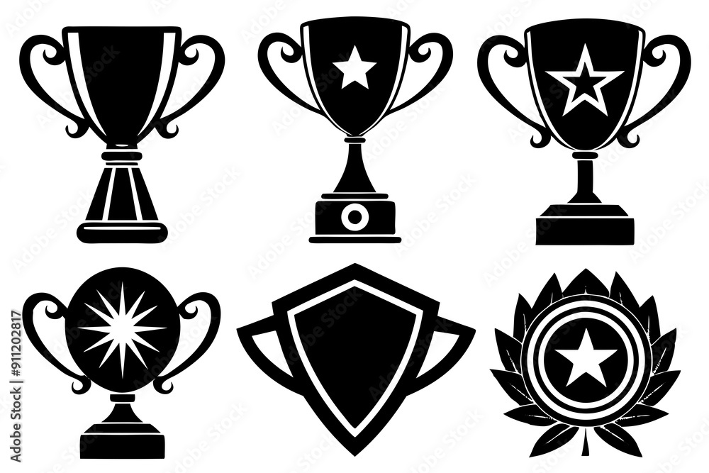 6 Trophy Icon Silhouettes: Vector Line Art, Clipart Design, Black ...