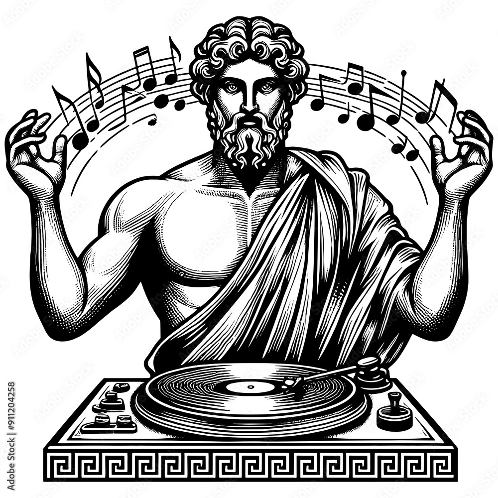 ancient Greek god portrayed as a modern DJ, mixing music on a turntable ...