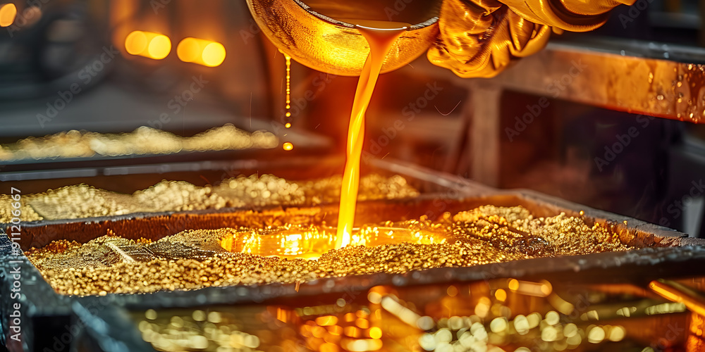 The process of molten gold being carefully poured into a mold at a ...