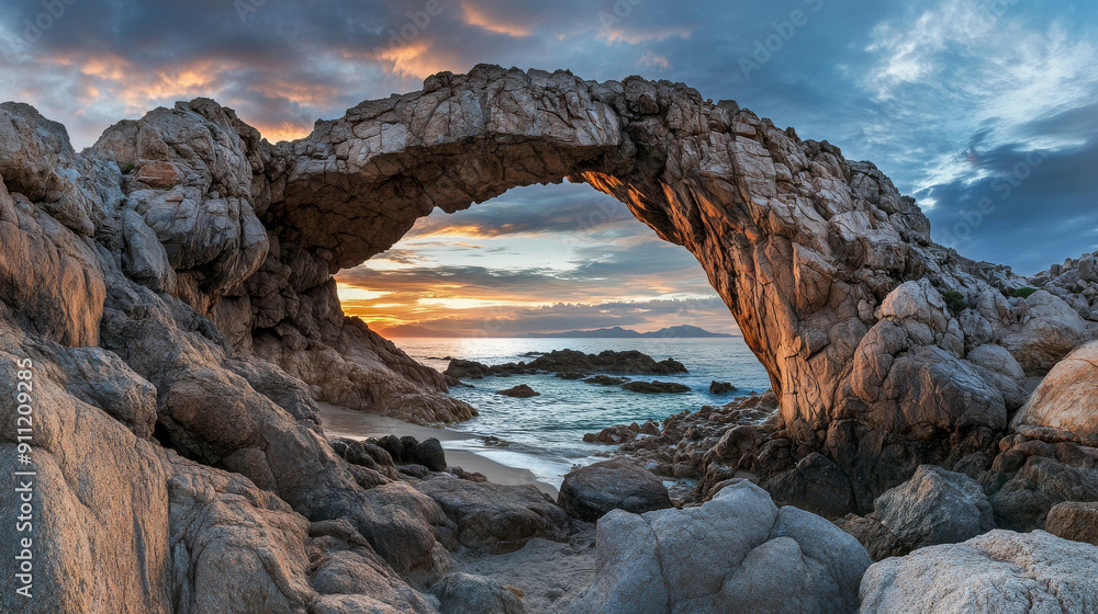 The rock arch at the arc of La section in Los cabos, Mexico with sunset ...