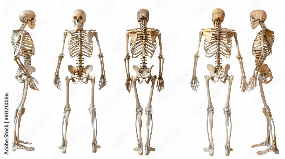Five different views of a human skeleton standing, showing front, back ...