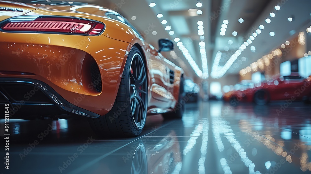 Crystal-clear 8k shot of a luxury car dealership, where high-value ...