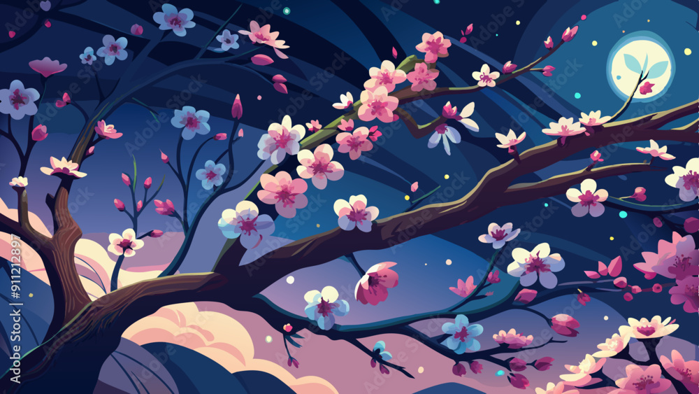 Japan Night Background with fence, pink trees, branch-of-blooming ...