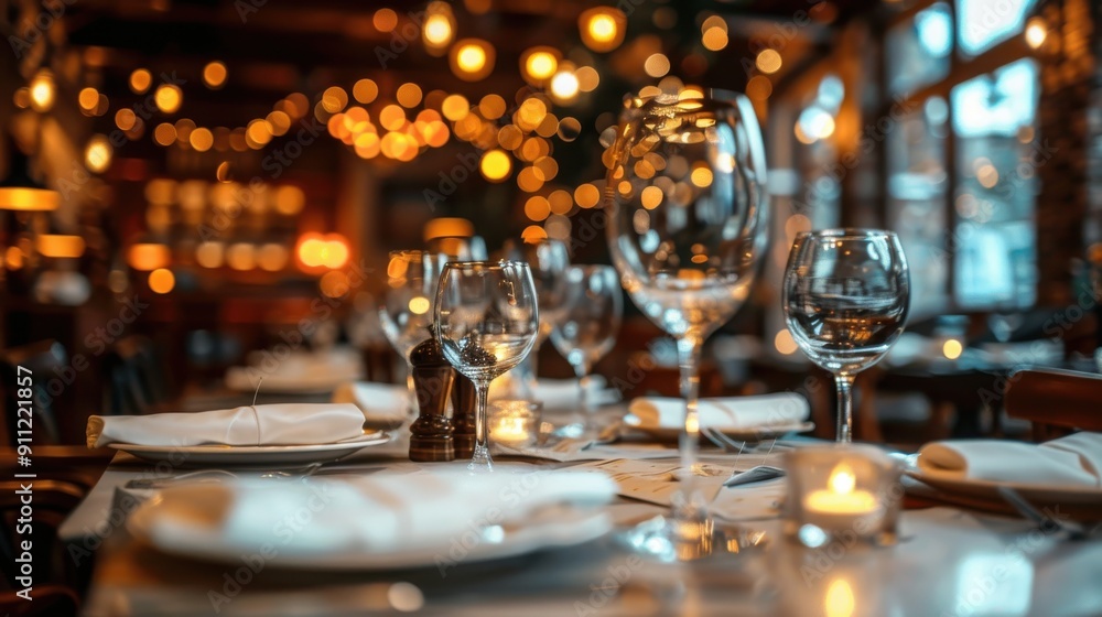 A restaurant background with a cozy, dimly lit interior, elegantly set tables with fine cutlery ...