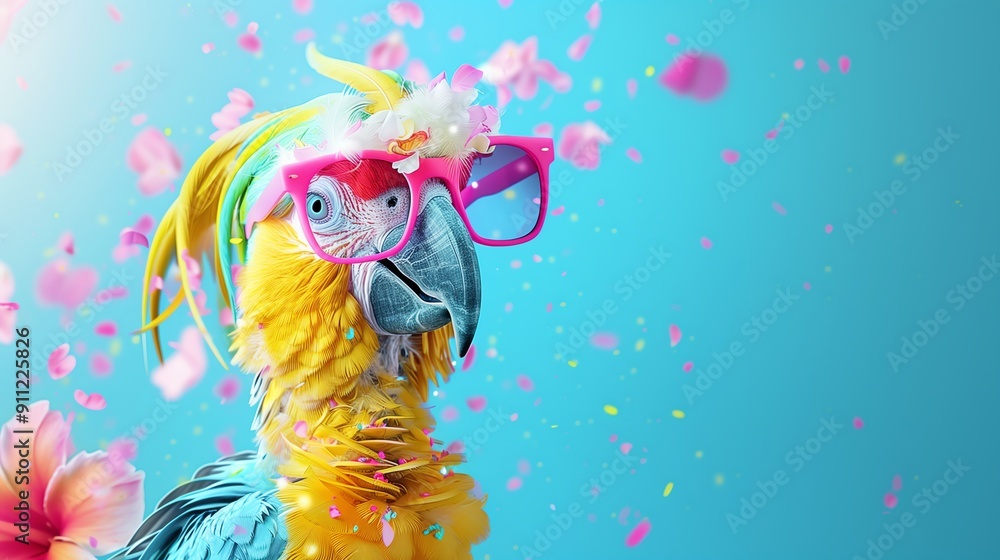 Party Parrot: A colorful macaw with sunglasses and confetti, radiating ...