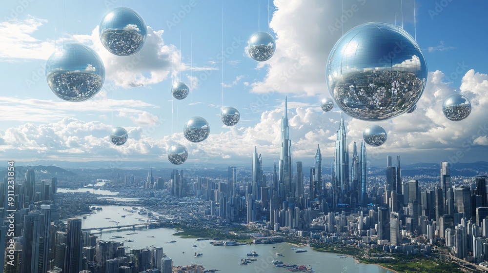 In a futuristic world, the skyline is dotted with floating architecture ...