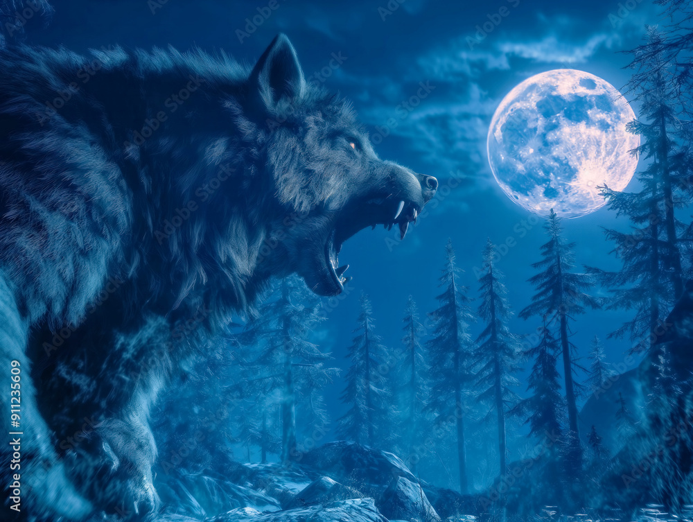 A large wolf is standing in front of a full moon, with its mouth open ...
