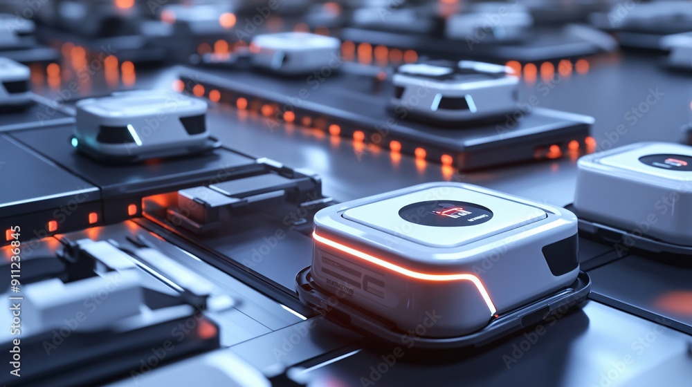 In a futuristic logistics hub, robots manage the complex process of ...