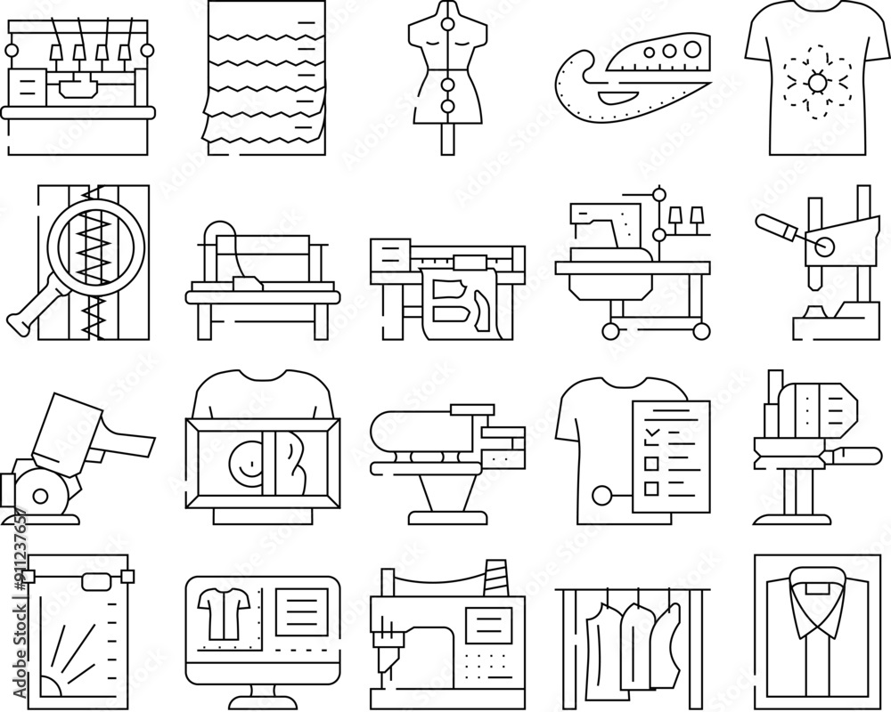 factory sewing sew machine icons set vector. tailor fabricthread ...