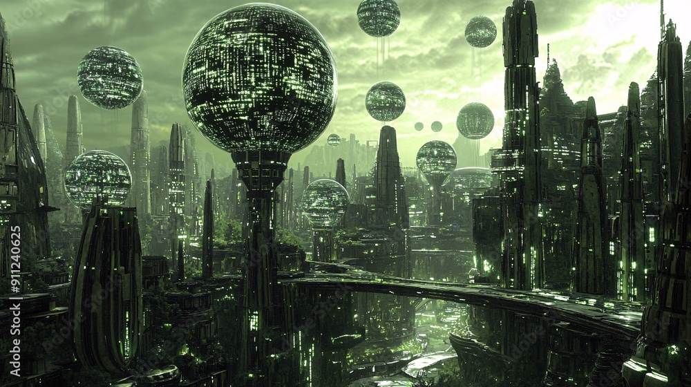 The alien urban landscape features a sprawling city with futuristic ...