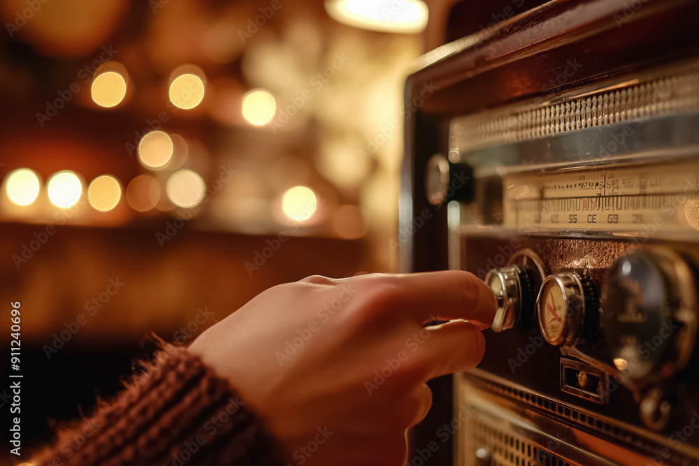 Capturing nostalgia, a hand tuning a vintage radio in a warm, ambient ...
