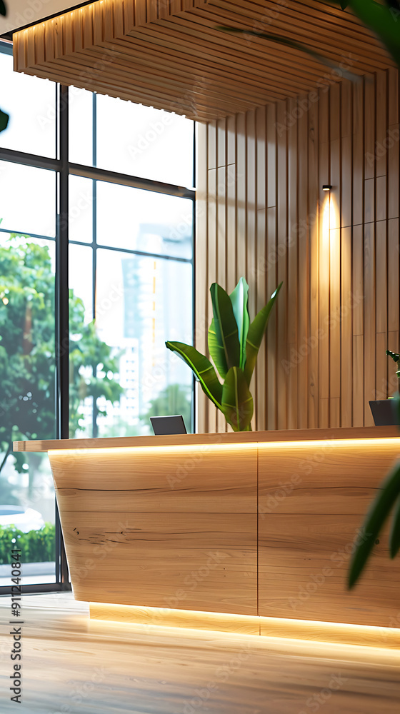 Modern wooden reception desk with green plant, warm light, and ...