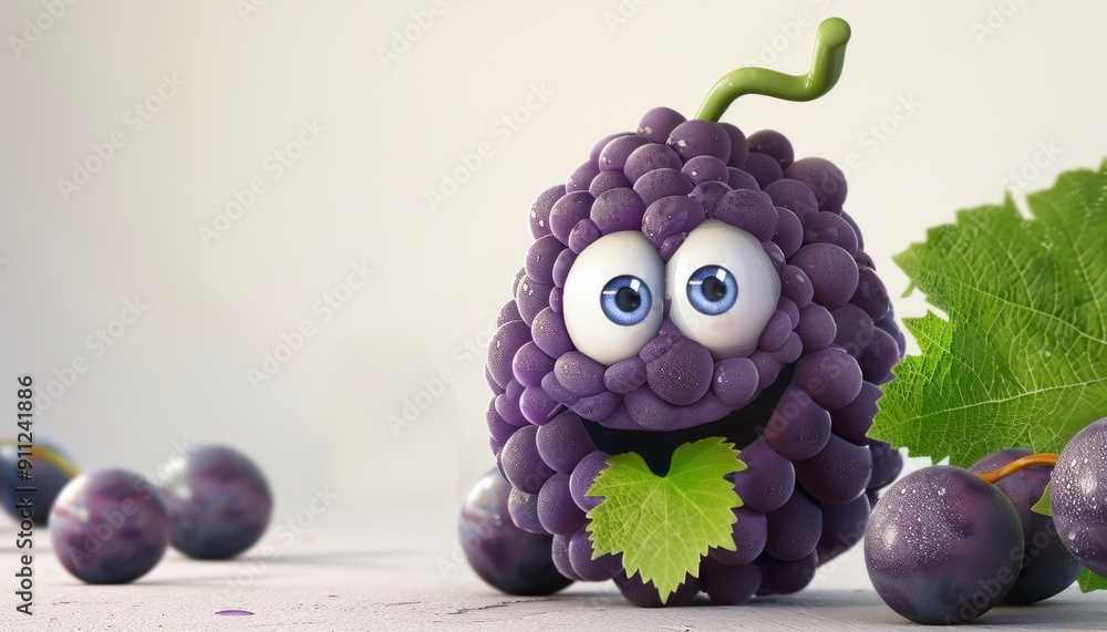 Cute Cartoon Grape Character Smiling With Leaf Among Actual Grapes on ...