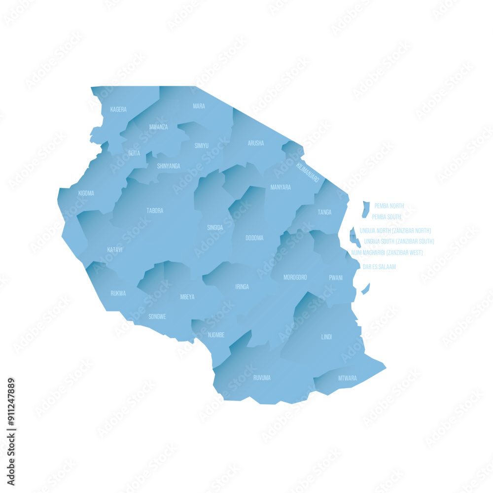 Tanzania political map of administrative divisions - regions. Shaded ...